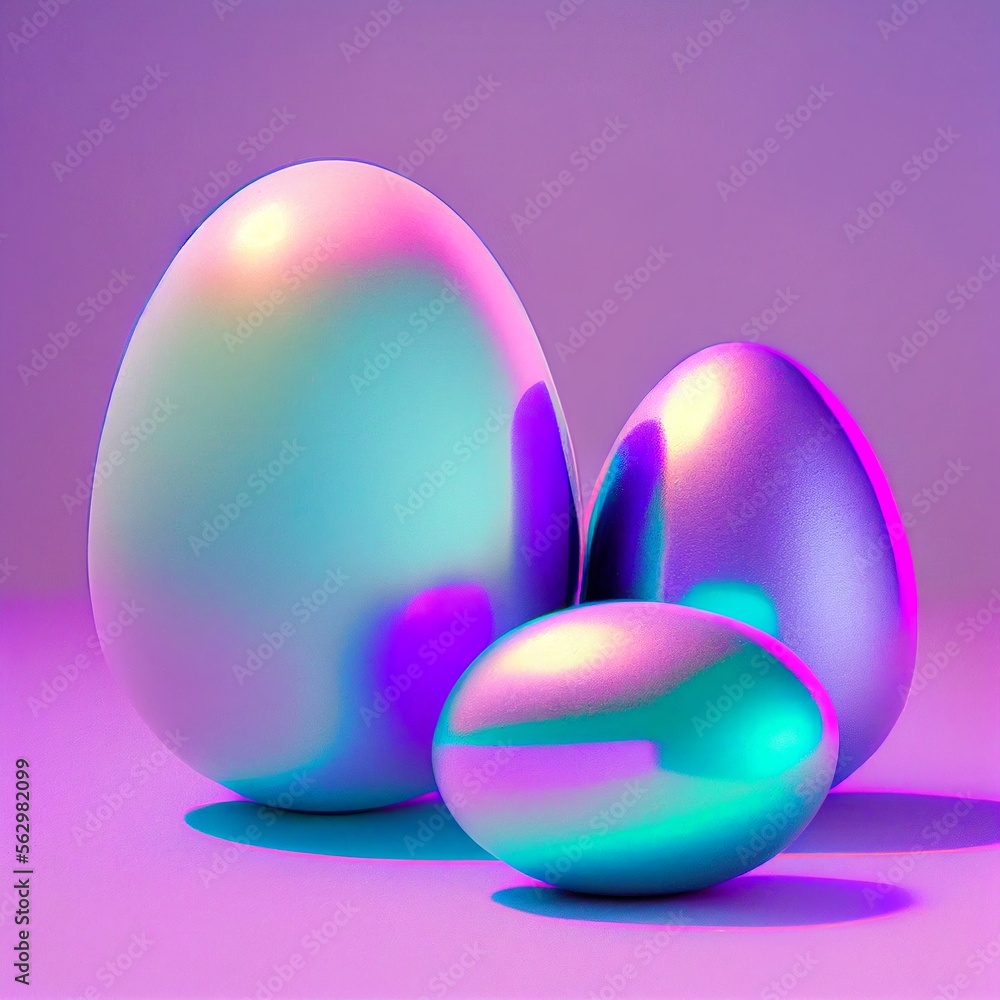 Purple neon lights Spring concept Easter eggs iridescent color ...