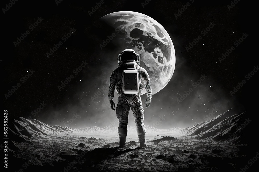 Astronaut looks to Earth from Moon. Astronaut on the new planet. An ...