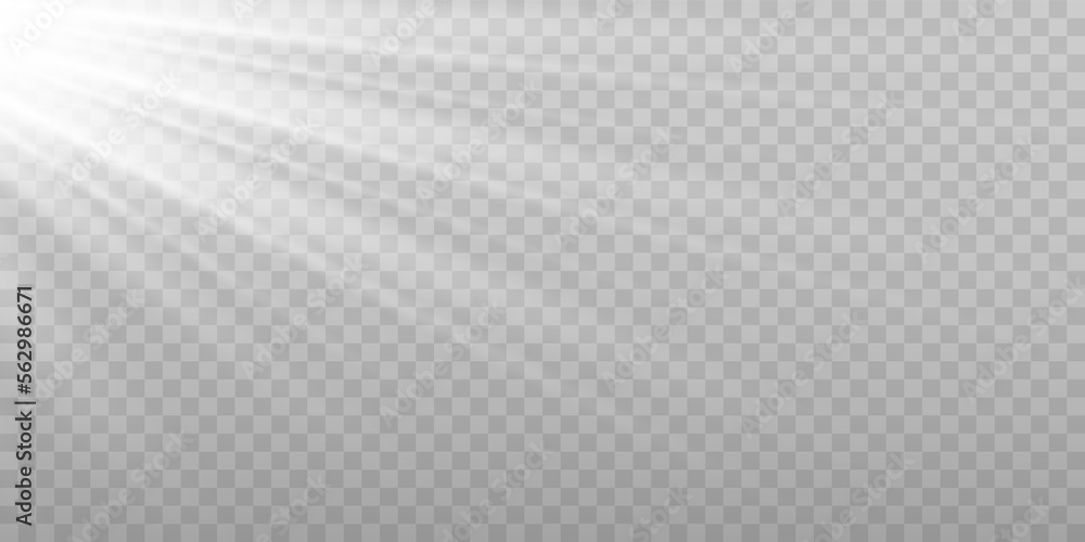 Vector white sun light effect. Glowing sunrays on transparent ...