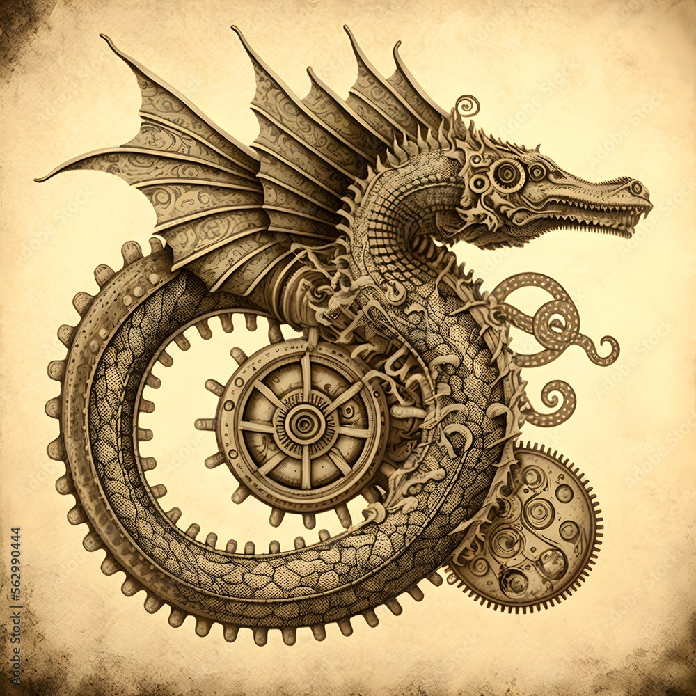 vintage antique winged sea serpent engraving, plate illustration ...