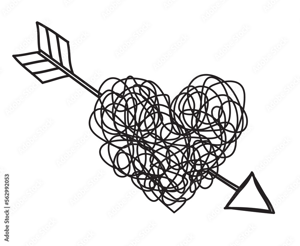 Heart and arrow shaped tangled grungy scribble hand drawn with thin ...