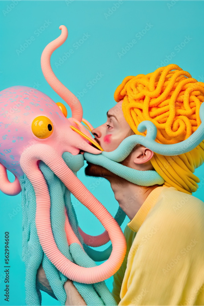 Creative abstract concept of a man hugging and kissing an octopus with ...