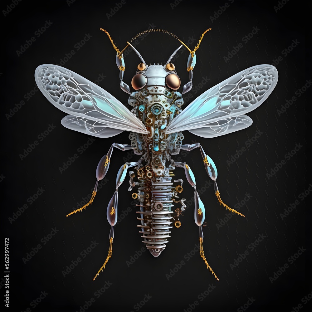 white steampunk wasp, clockwork wasp, gears and cogs, iridescent metal ...
