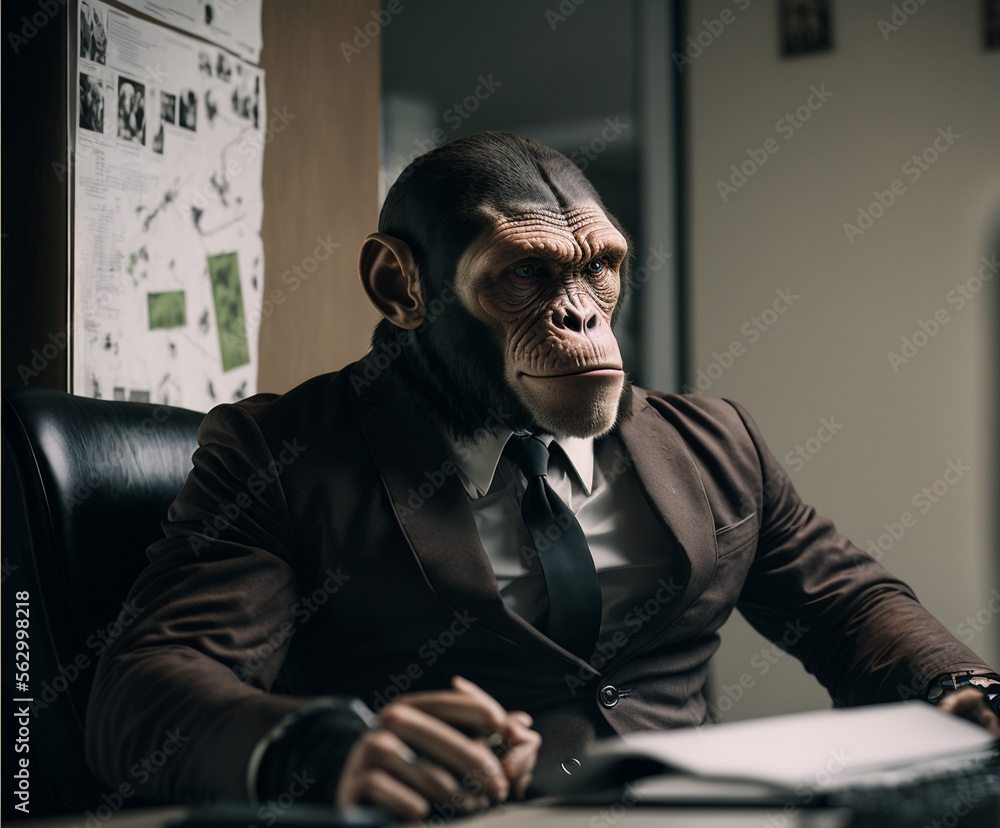 monkey businessman in a stylish classic suit in the office, animal boss ...