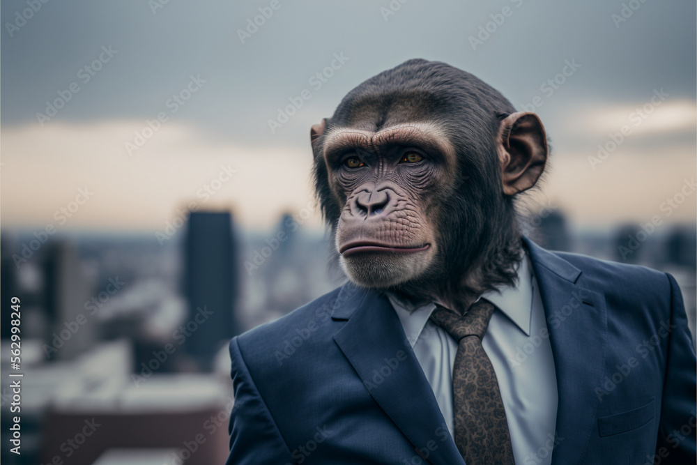 Portrait of a chimpanzee businessman in a stylish classic suit against ...