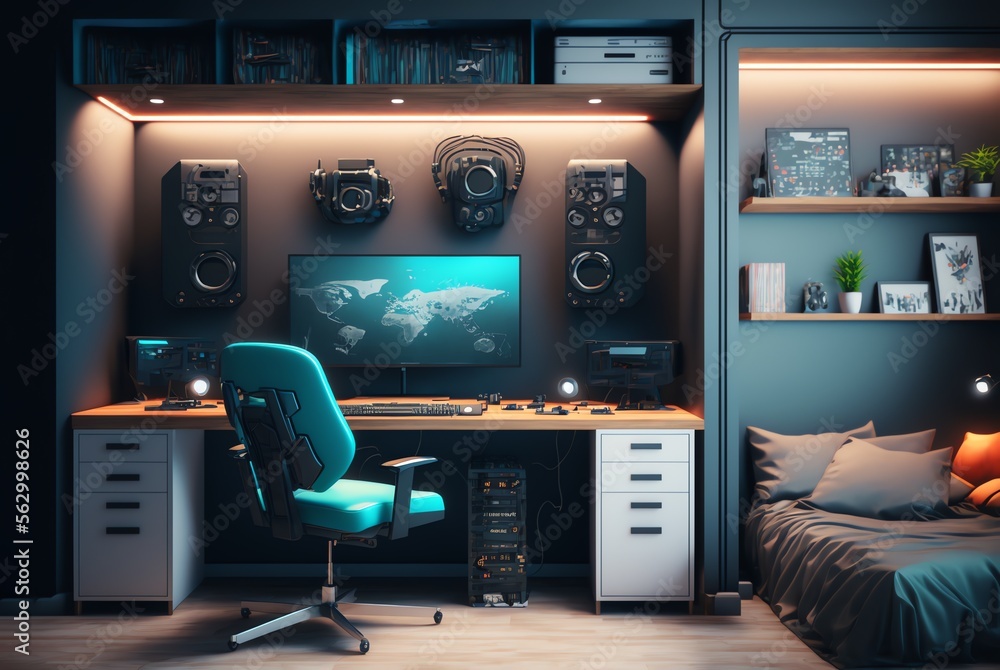 Gamer workspace with RGB lights, neon colors. Video game streamer ...