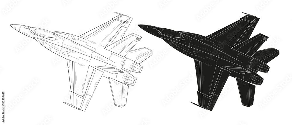 F-18 fighter jet. black and white color, vector template Stock Vector ...
