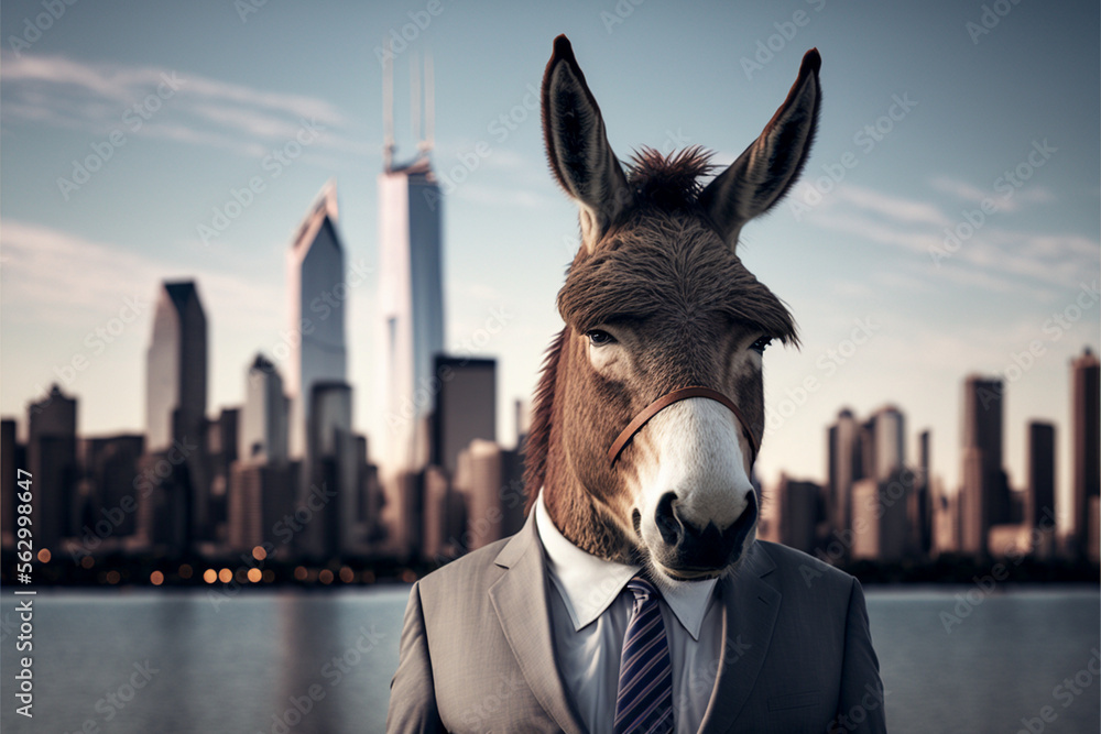 Portrait of a businessman donkey in a stylish classic suit against the ...