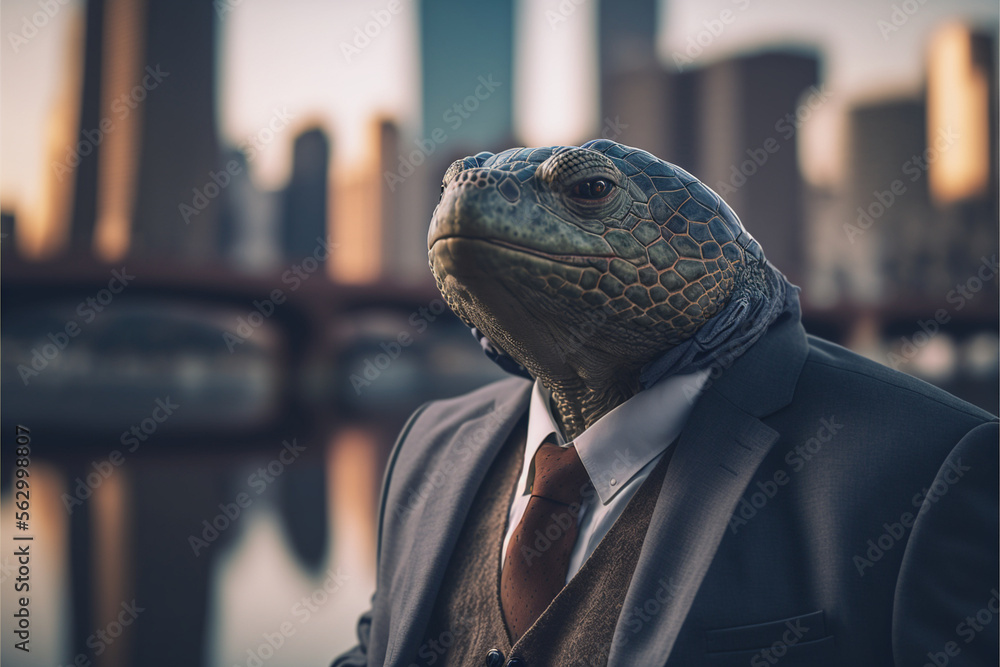 Portrait of a turtle businessman in a stylish classic suit against the ...