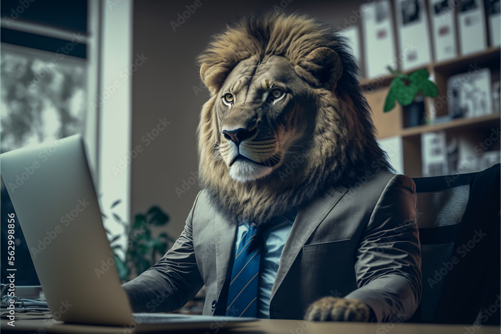 lion businessman in a stylish classic suit in the office, animal boss ...