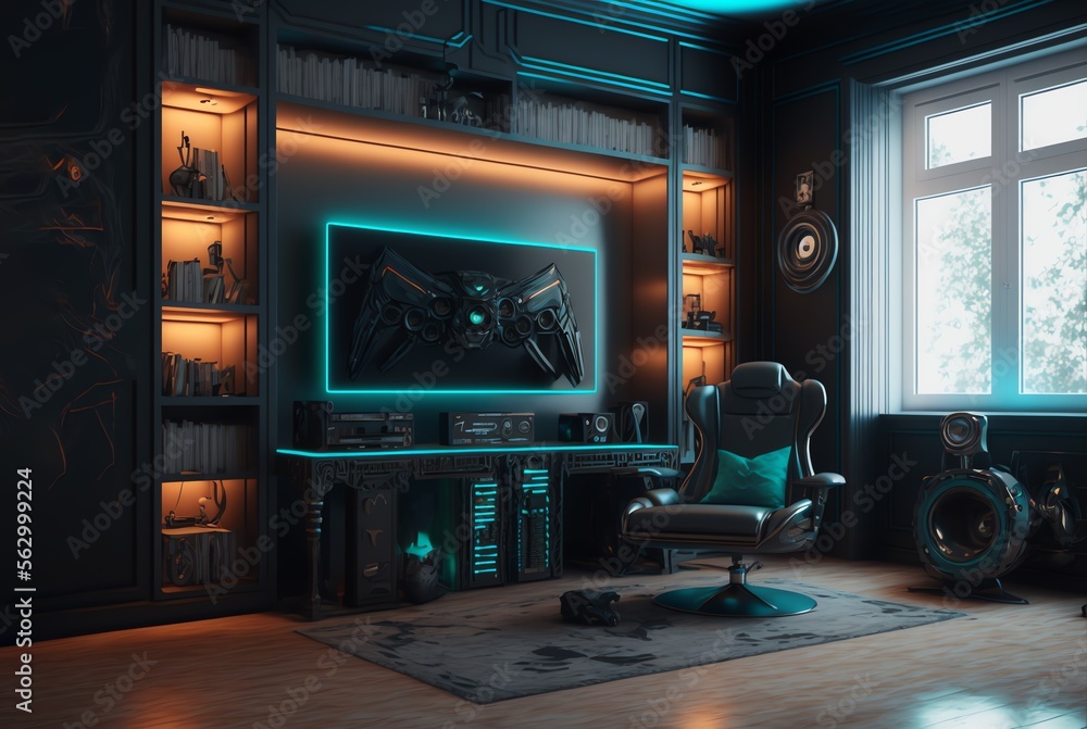 Gamer workspace with RGB lights, neon colors. Video game streamer ...