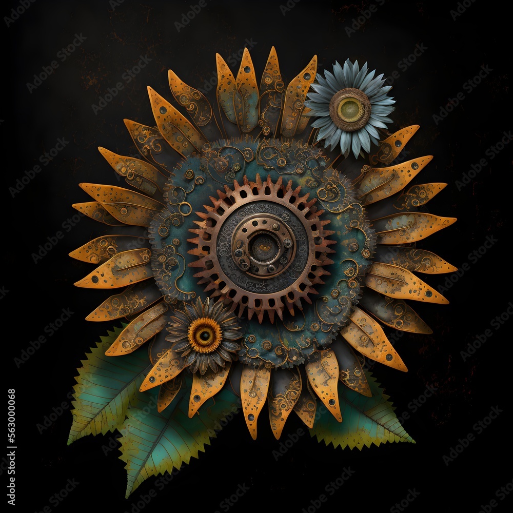 steampunk sunflower with clockwork gears, metal and patina rust, black ...