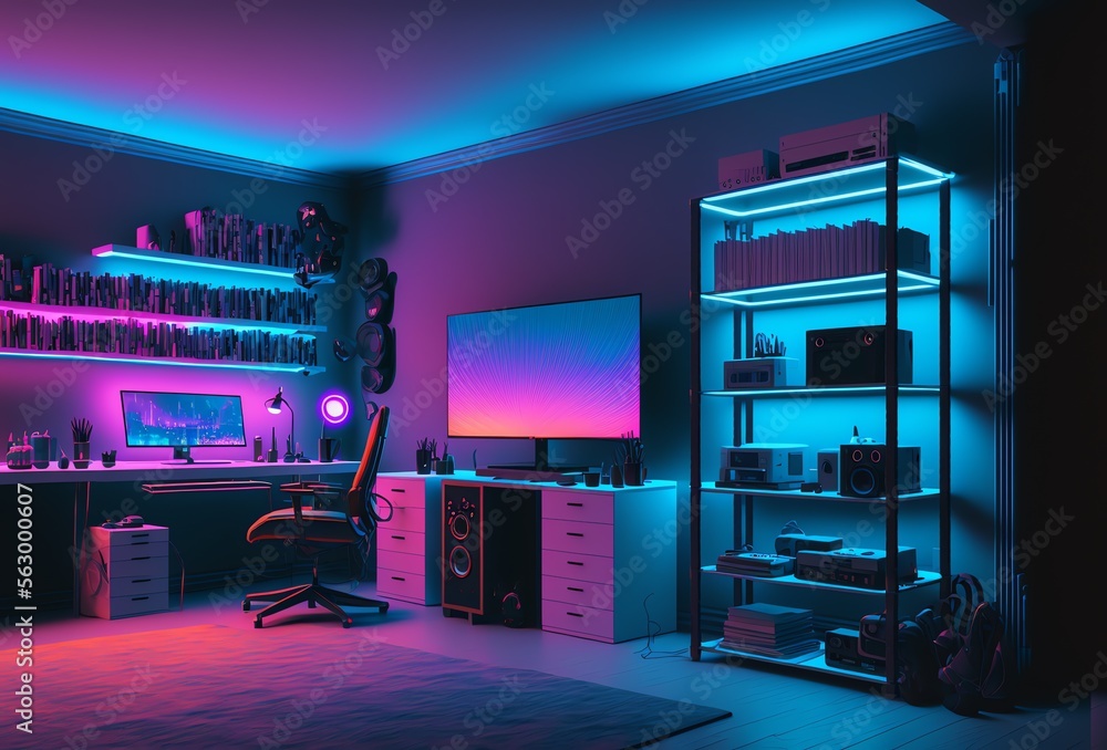 Gamer workspace with RGB lights, neon colors. Video game streamer ...
