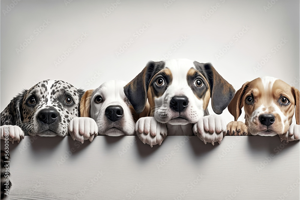 Tops of heads of cute dogs with paws up peeking over a blank wooden box ...