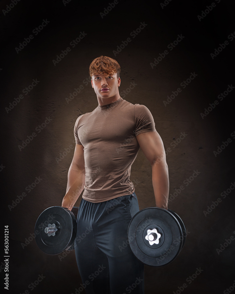 Muscular man in gym, triceps muscles. Strong male with dumbbells. Stock ...