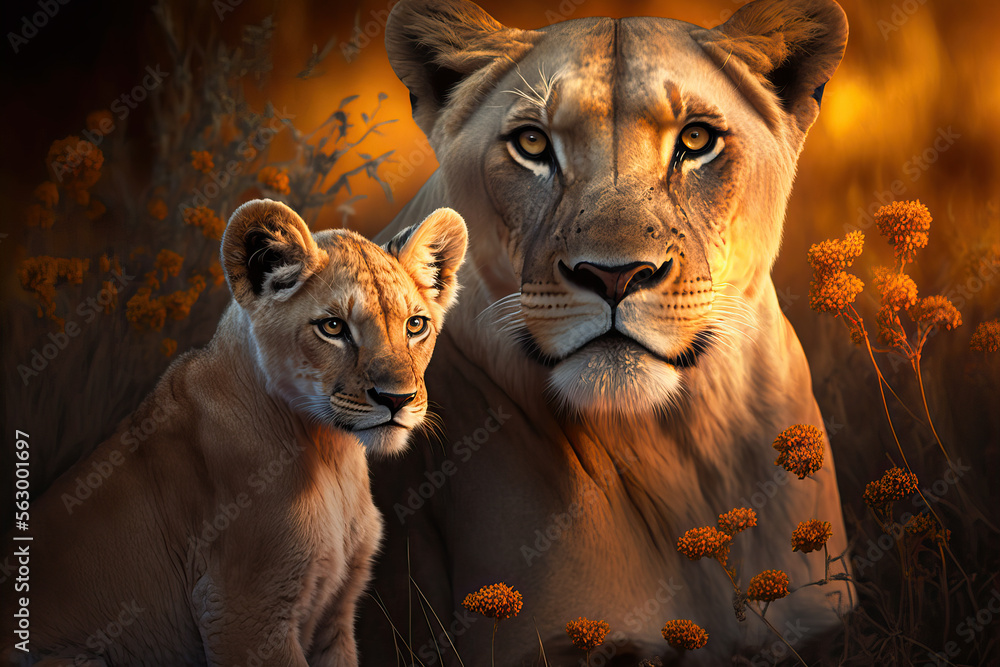 Lioness mother with her cub on savanna. Digital art Stock Illustration ...