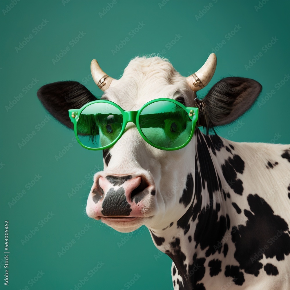 a cow wearing green sunglasses and a cow nose with horns on it's head ...