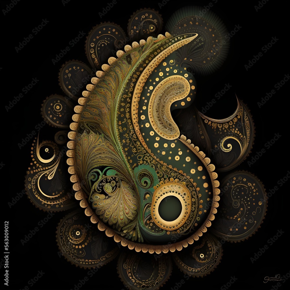 gold paisley boteh, forest colors, black background texture, center ...