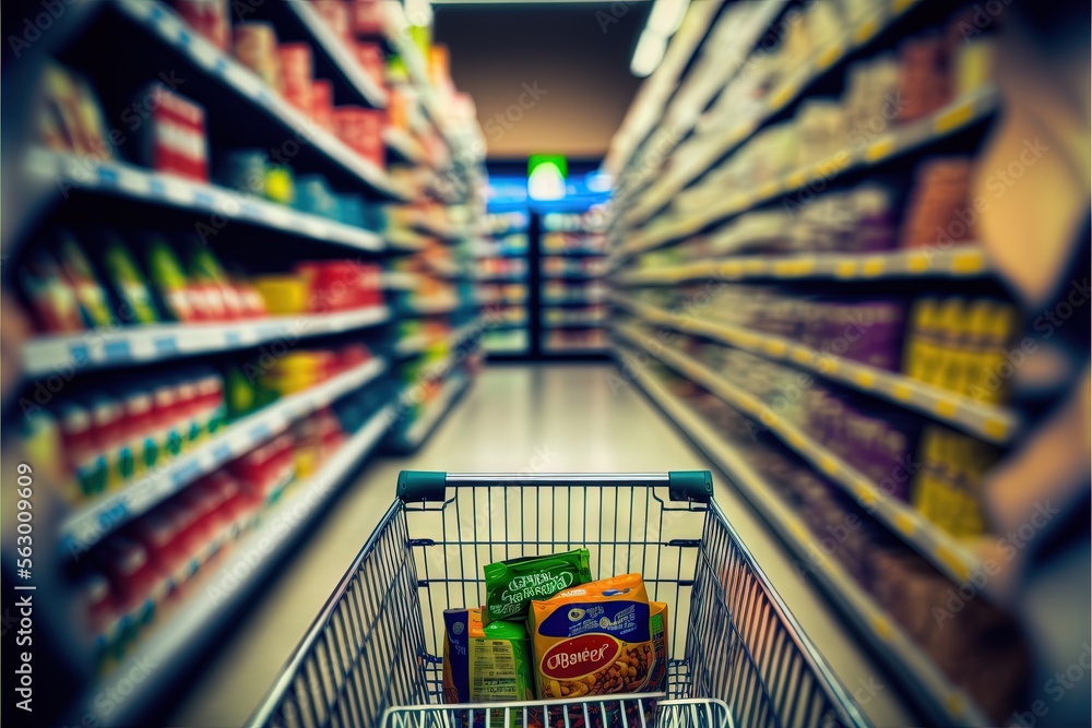a shopping cart in a grocery store aisle with a grocery cart in the aisle and a grocery cart in ...