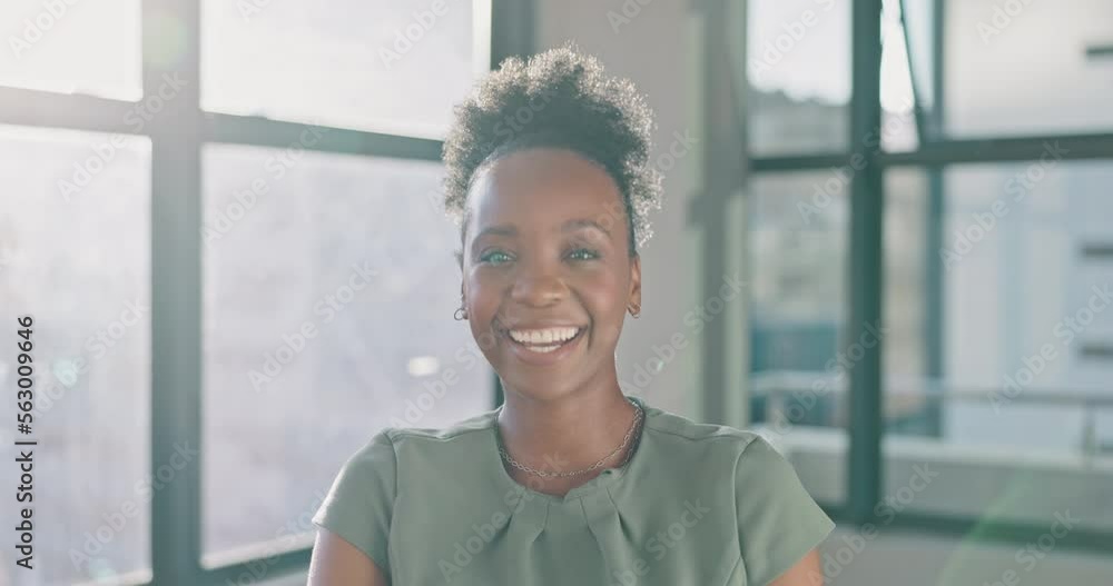 Happy black woman, smile and laugh for career vision, ambition or goals ...