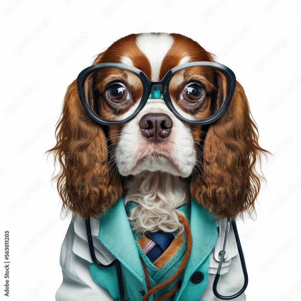 Dog in a doctor, medical worker outfit on a light background ...