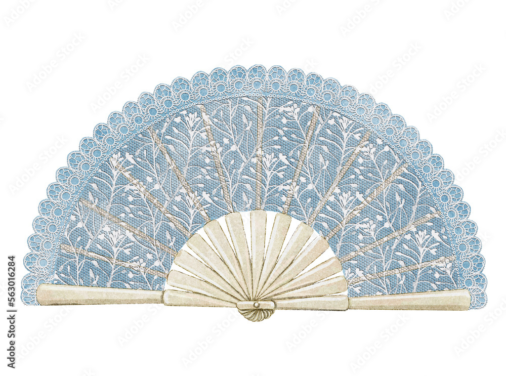 Watercolor vintage antique blue open fold hand fan with lace pattern ...