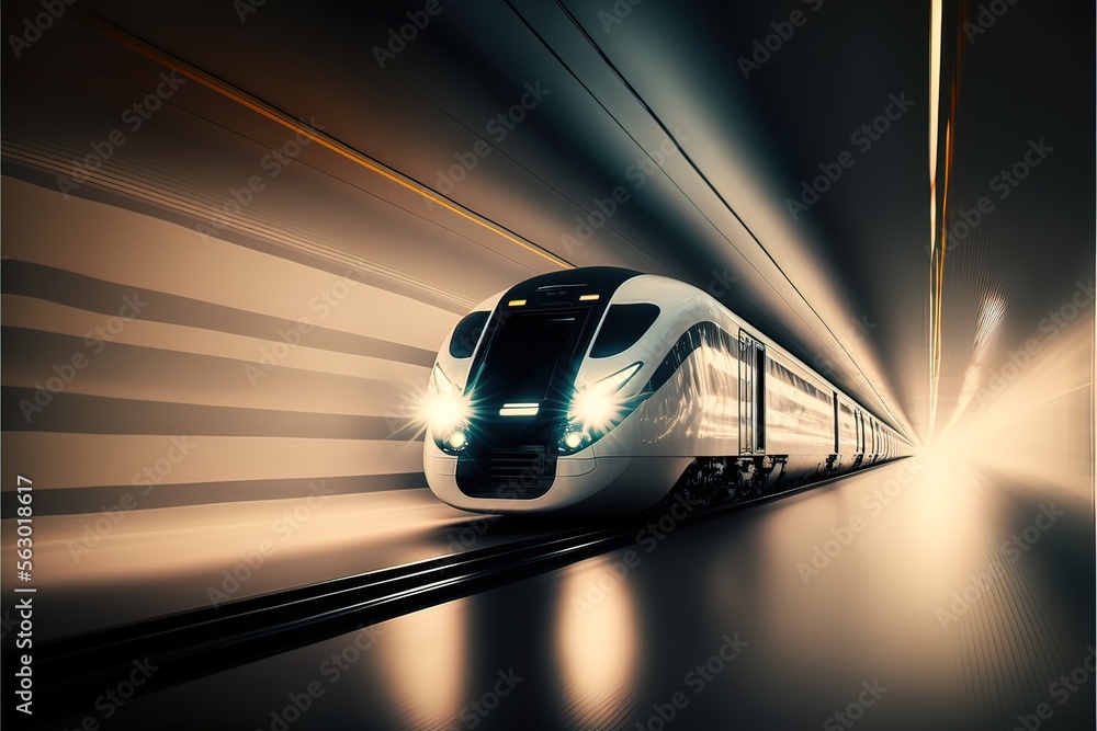 A modern futuristic train rides at speed in a neon light tunnel. Night ...