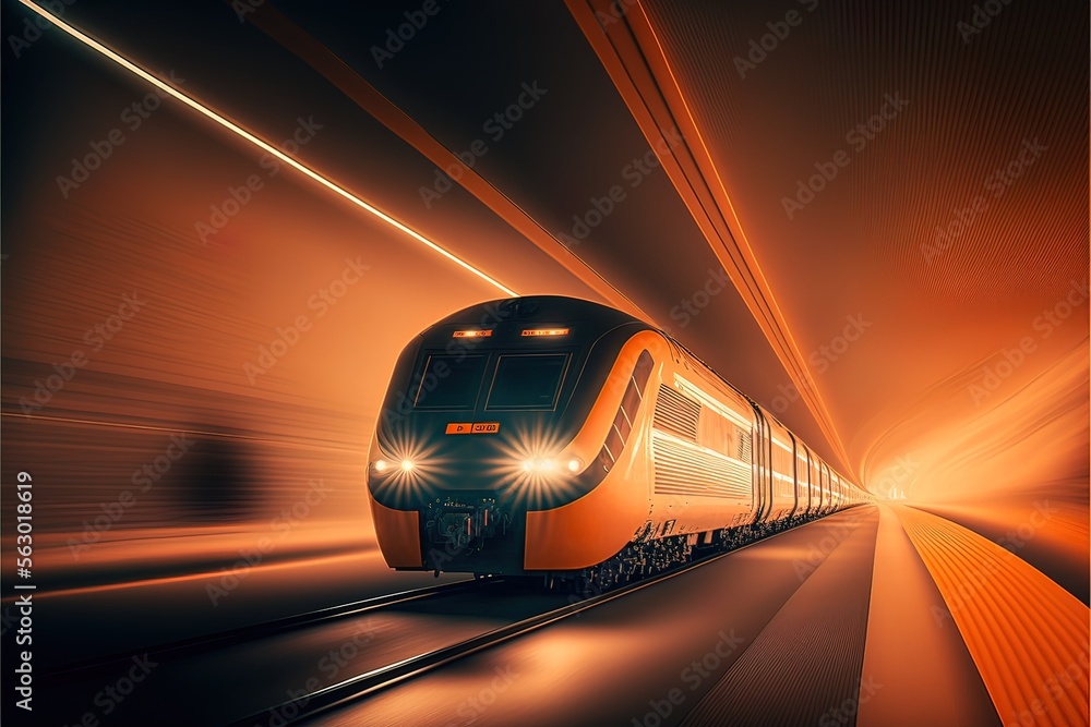 A modern futuristic train rides at speed in a neon light tunnel. Night ...