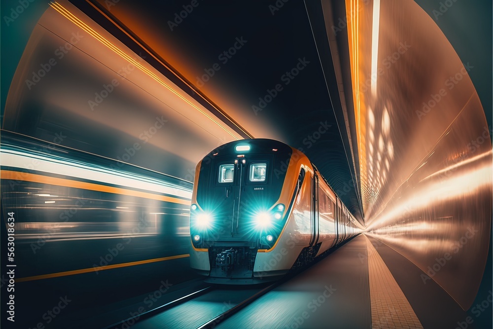 A modern futuristic train rides at speed in a neon light tunnel. Night ...