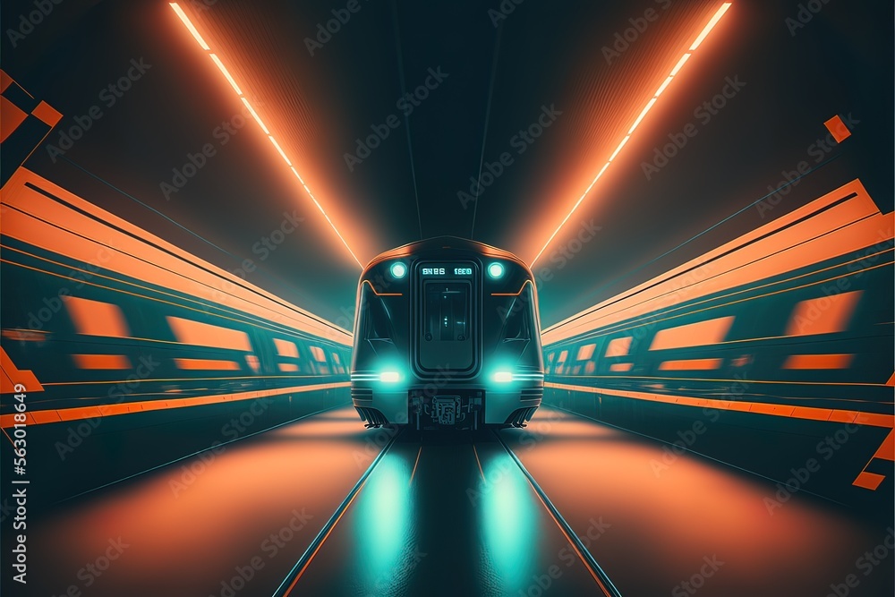 A modern futuristic train rides at speed in a neon light tunnel. Night ...