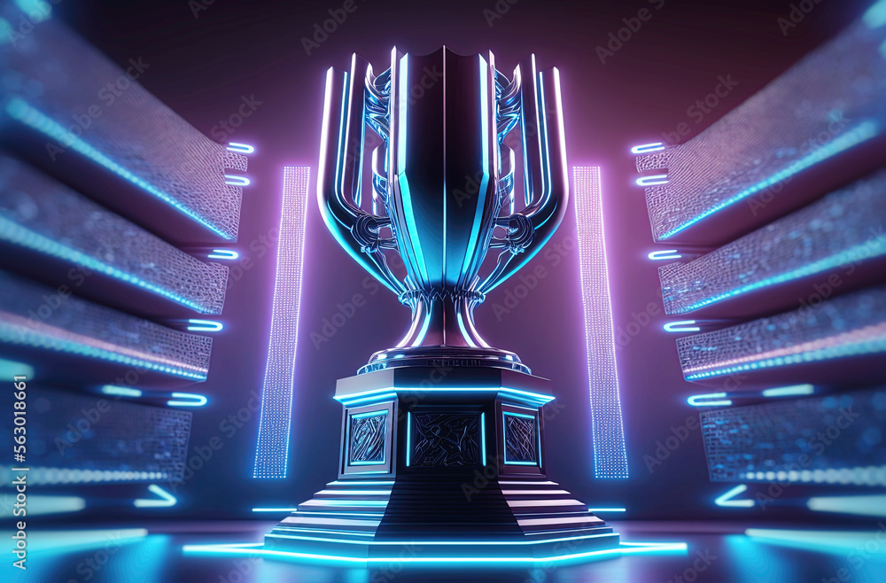 Winner trophy on a stage at studio illuminated by neon lights with ...