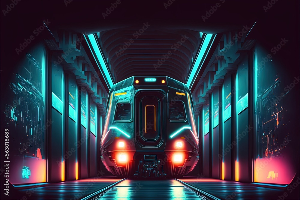 A modern futuristic train rides at speed in a neon light tunnel. Night ...