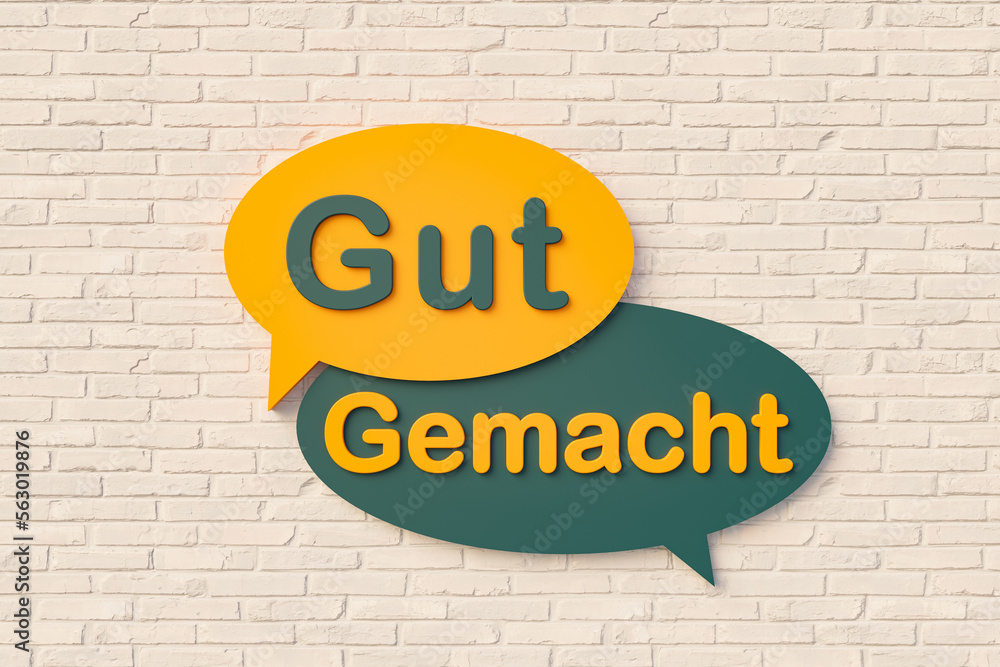Gut gemacht. (Well done) Cartoon speech bubble, text in yellow and dark ...