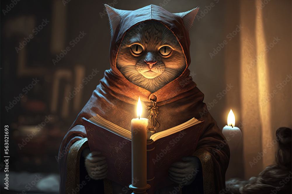 Cat as Medieval priest or monk cartoon character, with book and candle ...