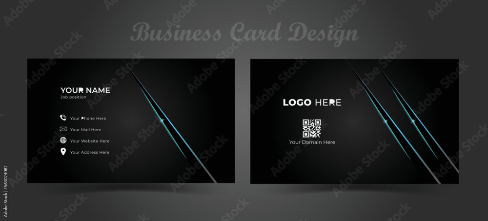Business card design with dark background, blue light ray effect ...