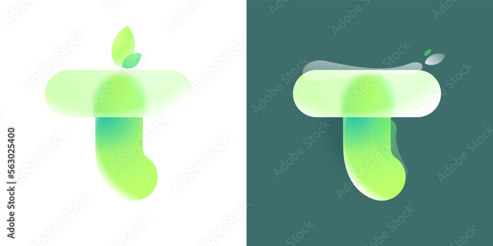 Letter T eco logo with green gradient and leaf in Glassmorphism style ...