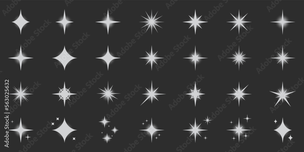 Sparkle Silver Star Silhouette Icon Set. Glow Spark Flash Stars Pictogram Collection. Shine ...