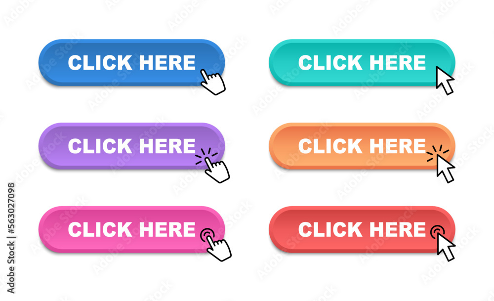 Click here web buttons. Modern buttons click here hand pointer clicking. Call to Action Button ...