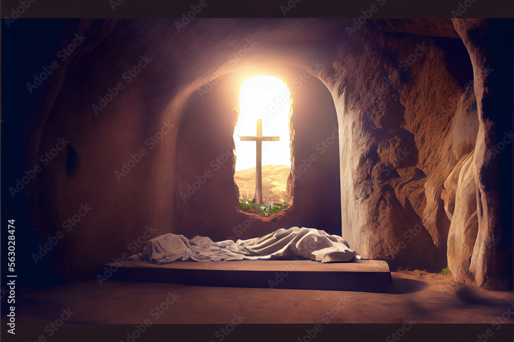 Ilustrace „Tomb Empty And Crucifixion At Sunrise. Resurrection Of Jesus Christ. He is Risen ...
