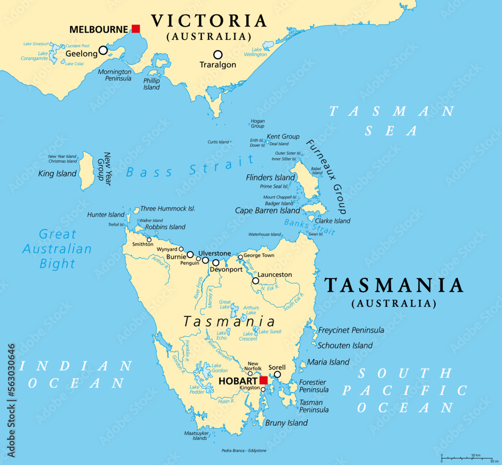 Vetor de Tasmania and the surrounding area, political map. Australian ...