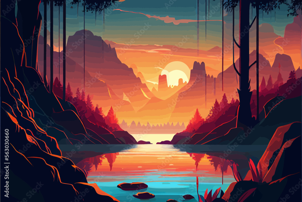 Sunset waterfall landscape illustration vector graphic Stock Vector ...