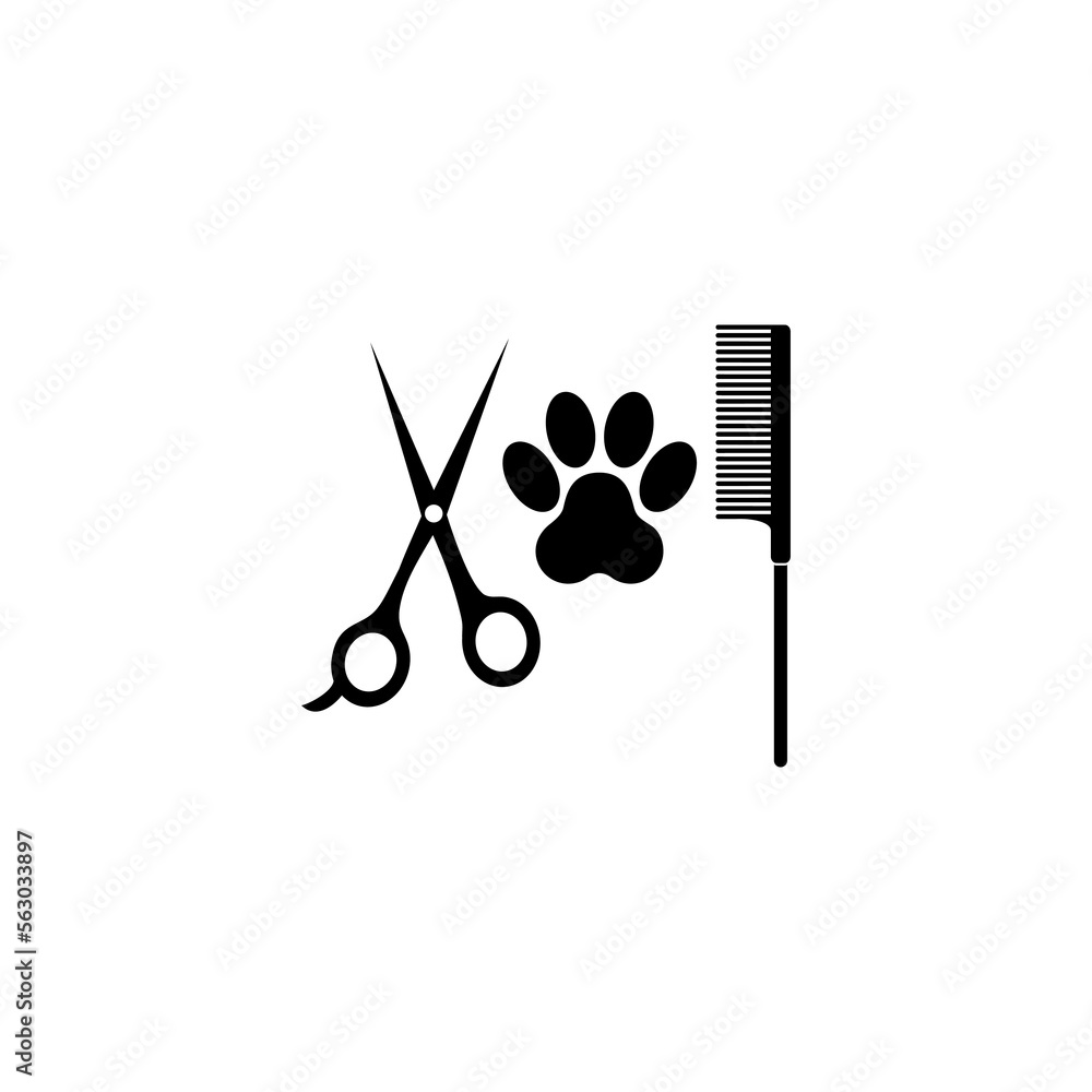 Dog grooming logo design template. Dog paw print with comb and scissors ...