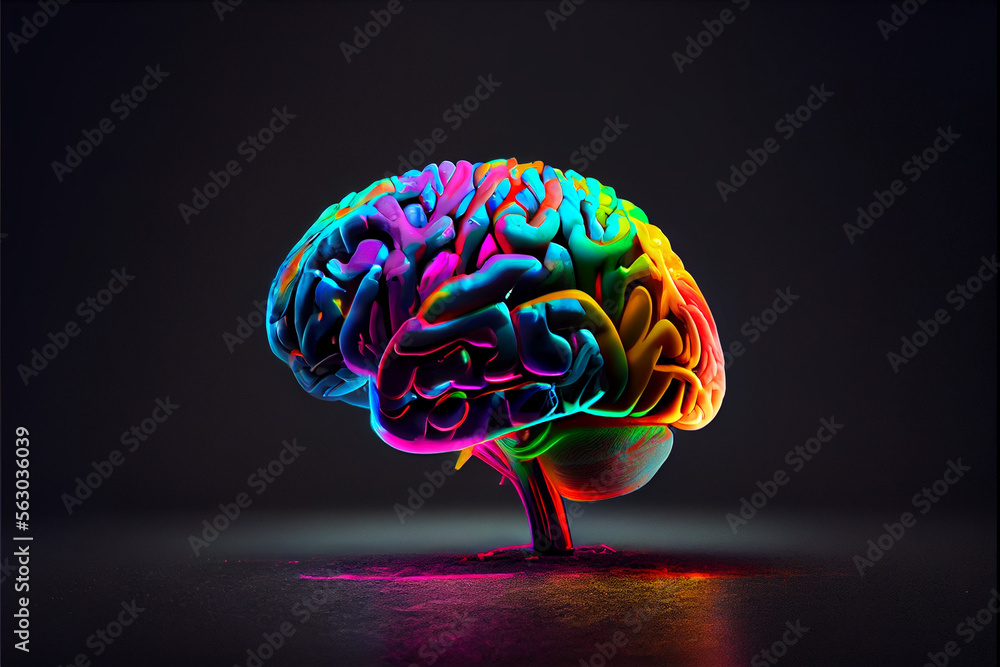 Neon brain on a black background. Created with Generative AI technology ...