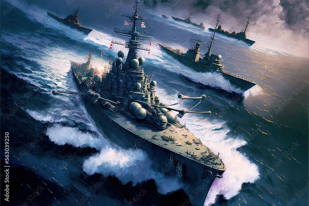 War ships campaign on the sea, military force, war over seas ...