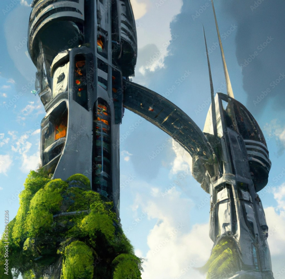 The picture depicts a futuristic city with tall green buildings. These ...