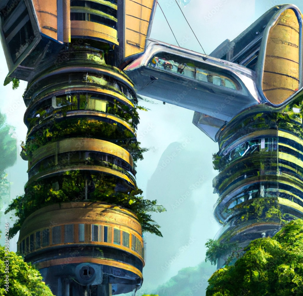 The picture depicts a futuristic city with tall green buildings. These ...