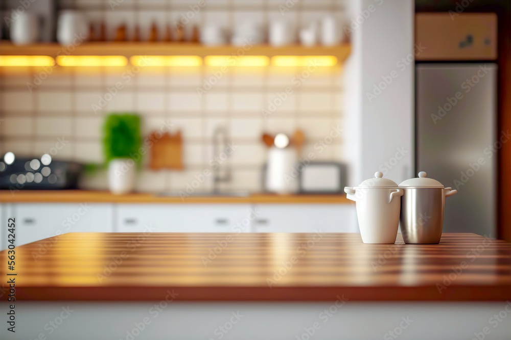 Mockup of kitchen counter with dishware in kitchen of empty white ...