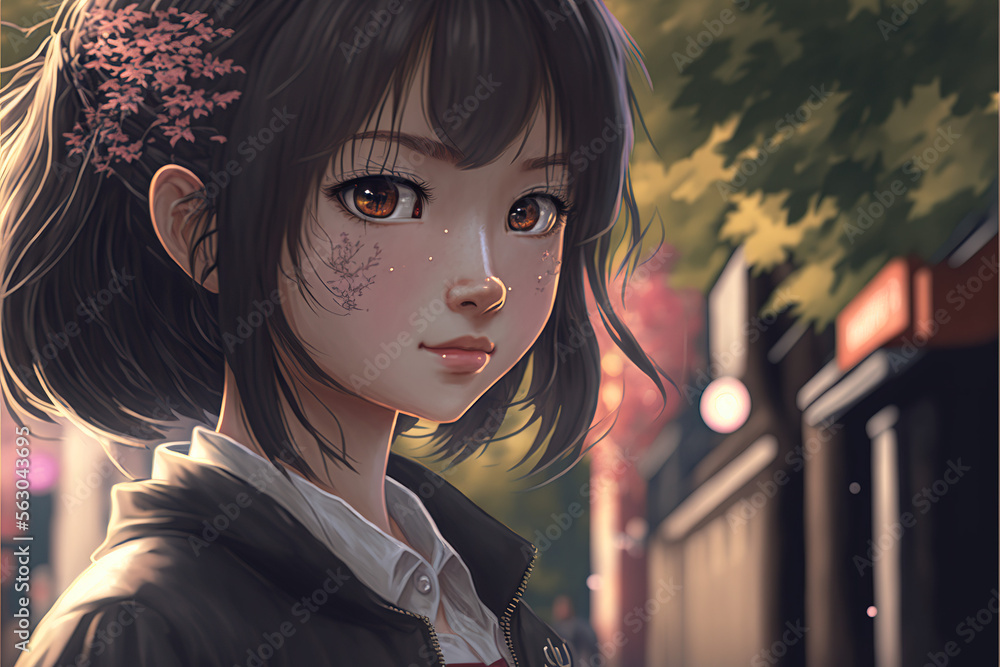 Illustration of a Japan anime schoolgirl with brown eyes and brown ...
