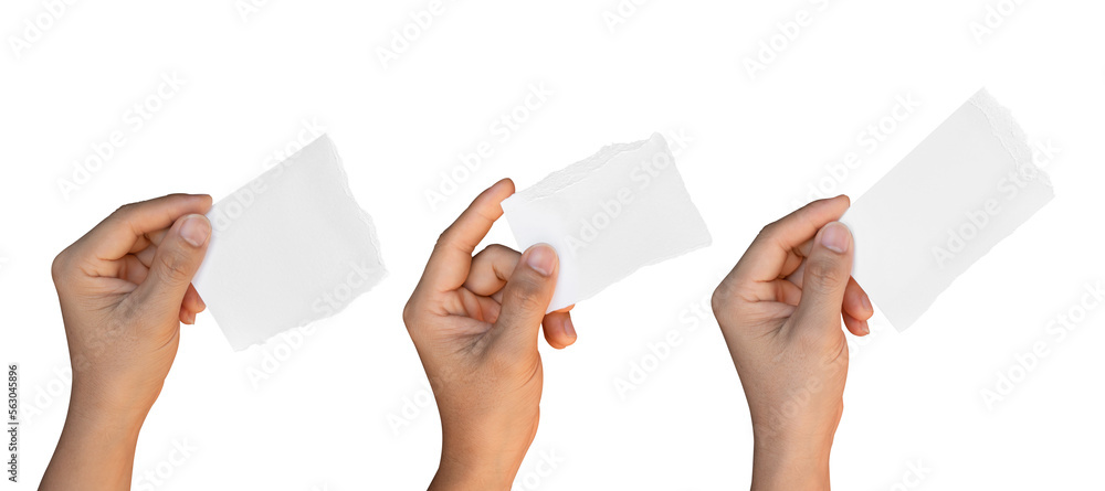 Set of Hand holding ripped torn paper isolated on transparent ...