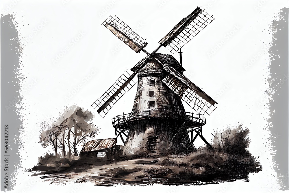 Hand-drawn sketch of a windmill with a transparent background ...
